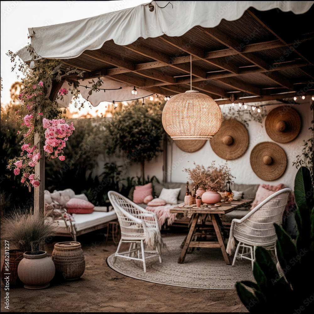a boho and cozy backyard entertaining area under a white wooden pergola ...