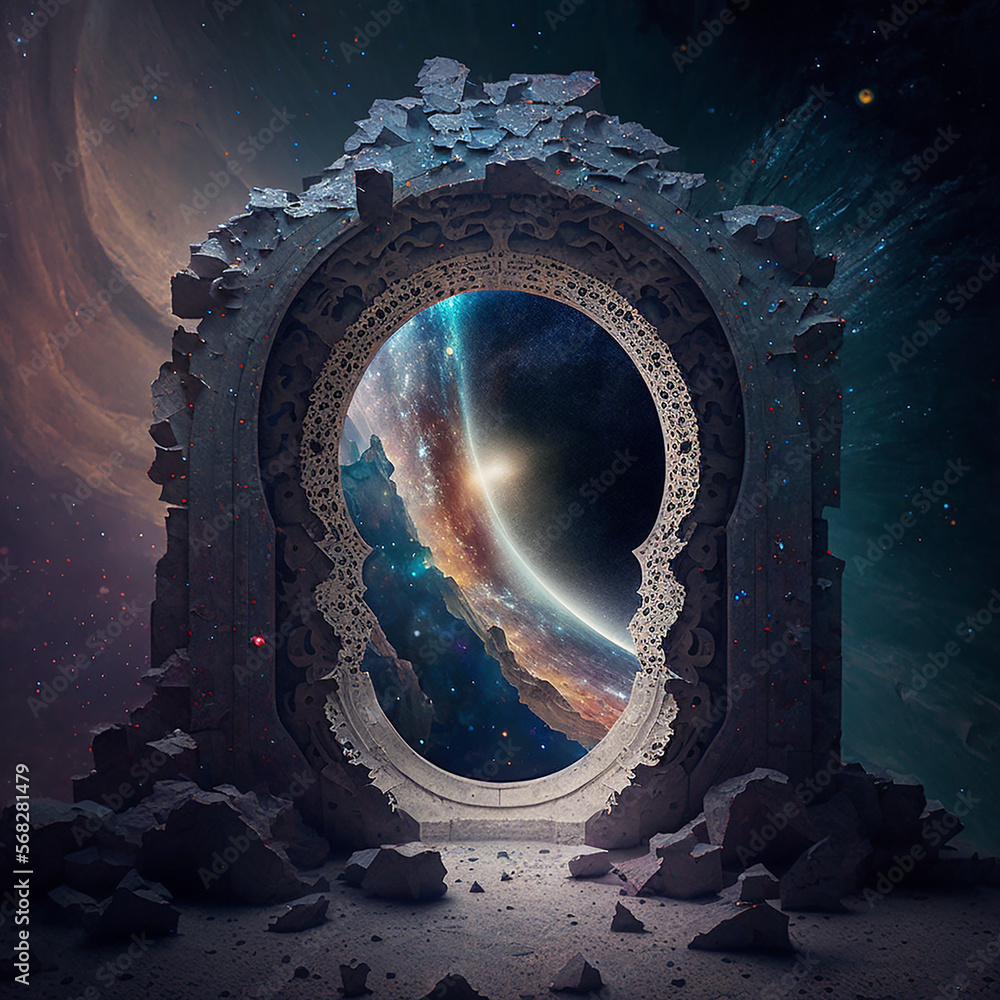 stone portal in space surrounded by a colorful nebula and you see ...