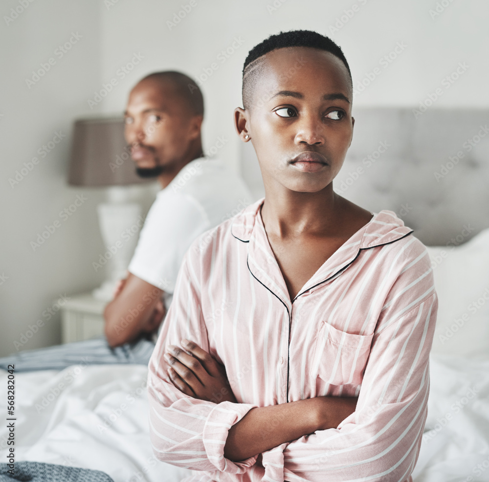 Stress, depression and marriage, black couple on bed in home angry ...