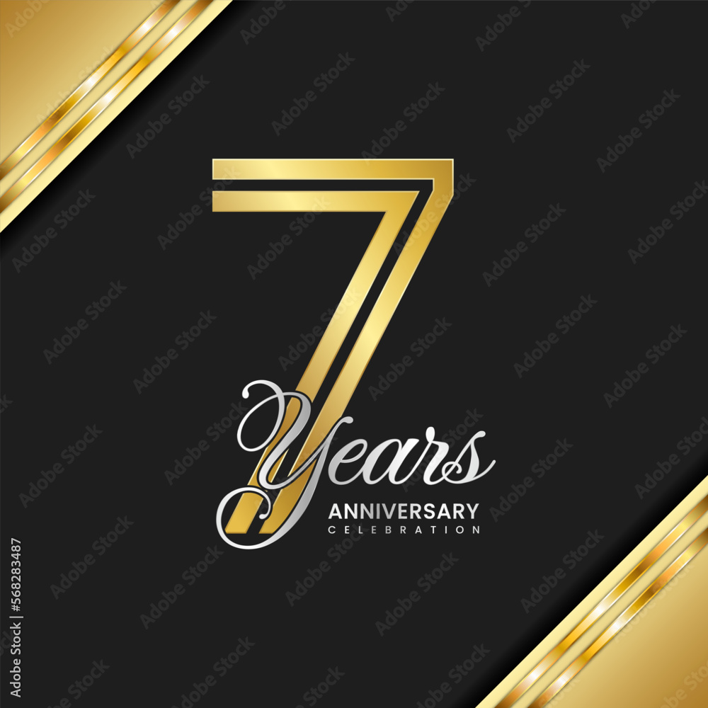 7th anniversary logo design with double line. Gold color numbers with ...