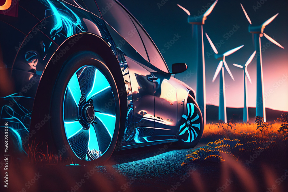 Charge EV car vehicle electric battery power with blur wind turbine ...