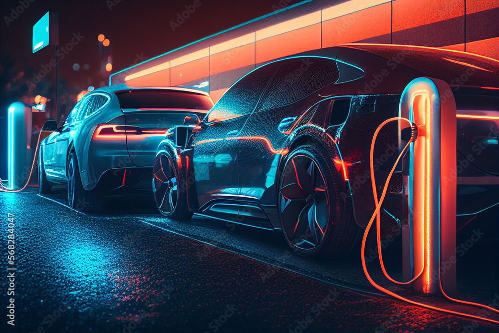 EV Car or Electric vehicle at charging station with the power cable ...