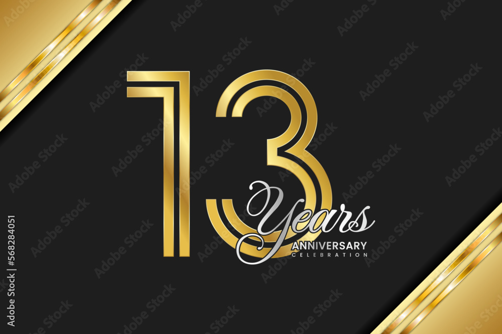13th anniversary logo design with double line. Gold color numbers with ...