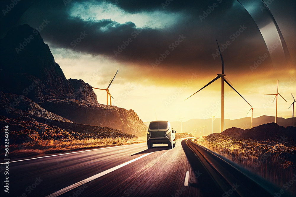 Charge EV car vehicle electric battery power with blur wind turbine ...