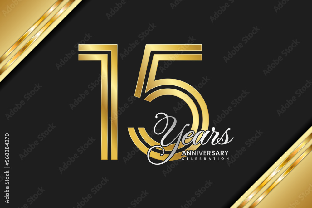 15th anniversary logo design with double line. Gold color numbers with ...