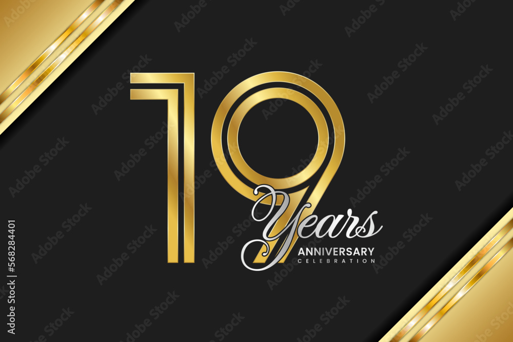 19th anniversary logo design with double line. Gold color numbers with ...