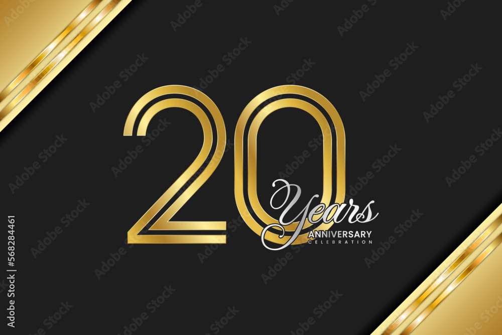 20th anniversary logo design with double line. Gold color numbers with ...
