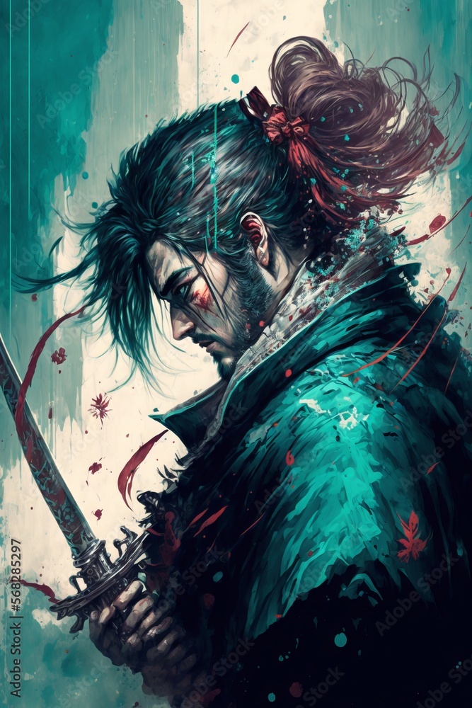 Anime Style Drawing of an Samurai Warrior with a Sword in Portrait ...