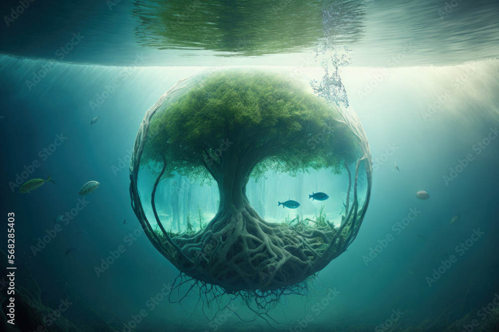 Freshwater underwater trees and diving image of a flooded globe with an ...