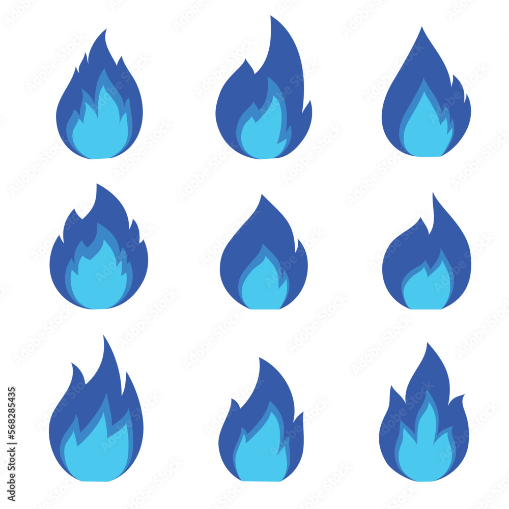 Blue fire icons collection. Symbols of burning natural gas. Vector illustration isolated on a ...