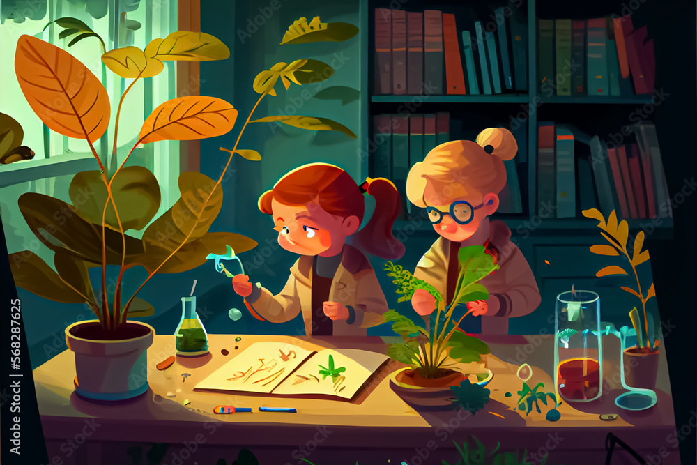 cartoon children doing experiments researching plant species In the ...