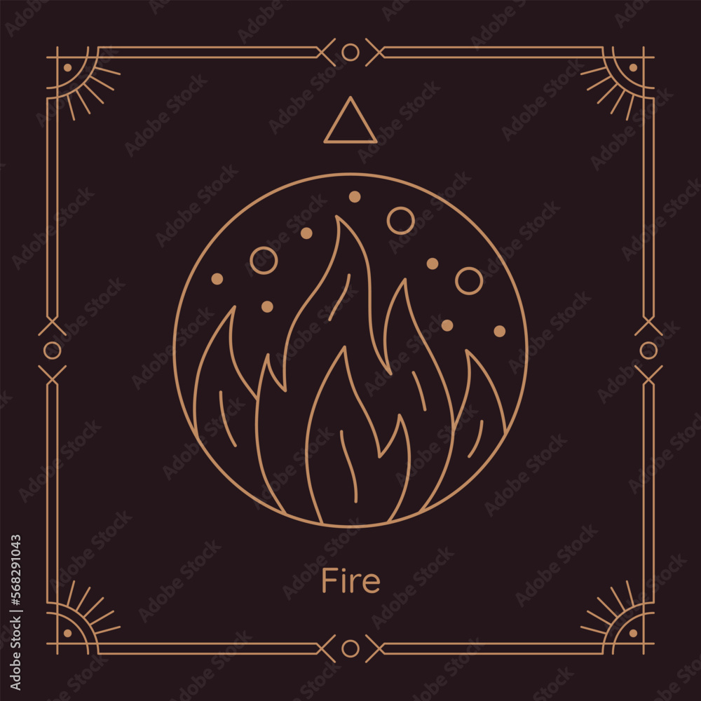 Fire symbol of nature, one of four elements. Golden sacred magic sign ...