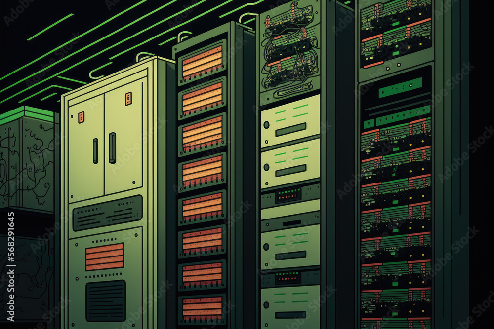 A data center's cluster of server racks (shallow DOF; color toned image ...