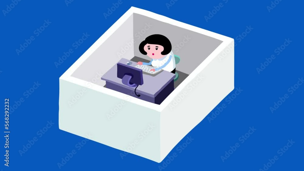 Cartoon office employee woman in a cubicle – explainer style color. One ...