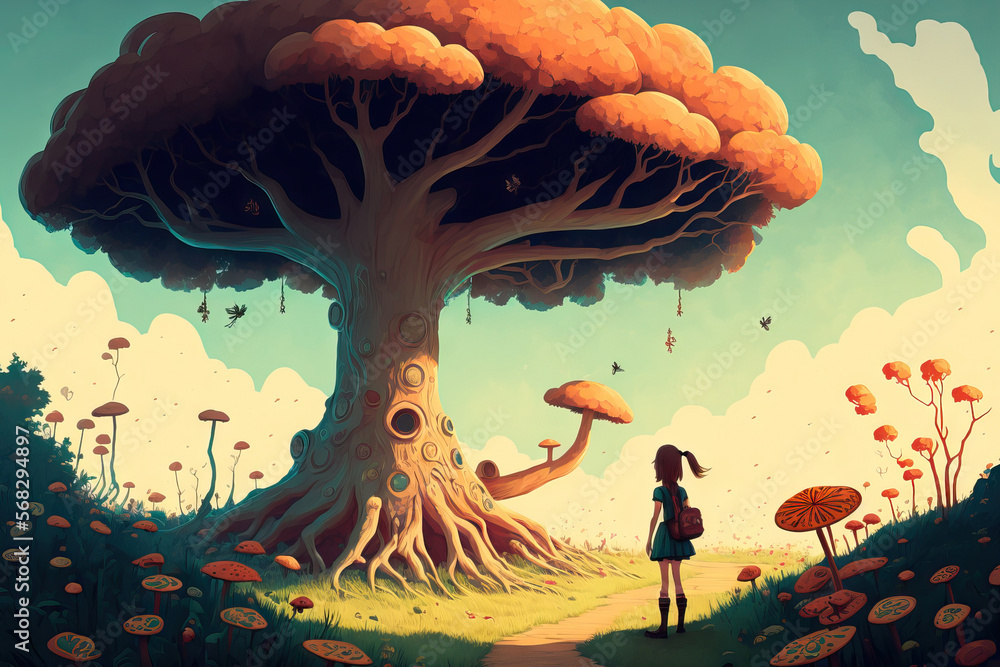 An Alice in Wonderland inspired illustration featuring a tree and ...