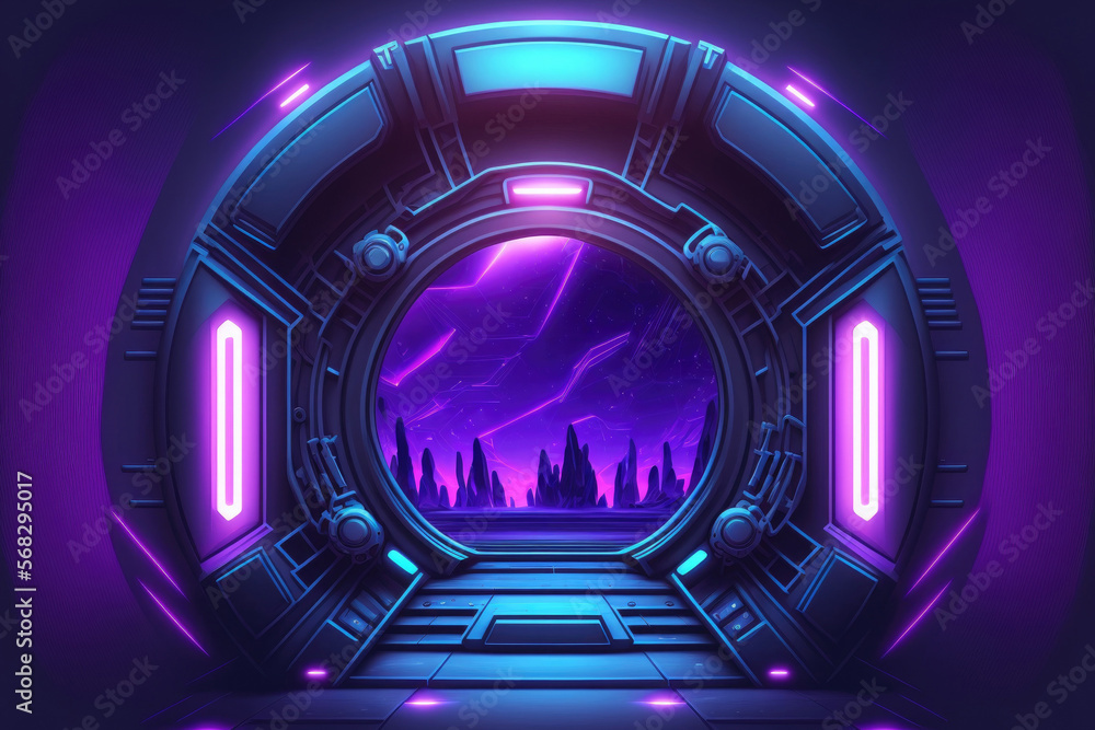 neon in the spaceship hull futuristic dazzling blue purple background ...