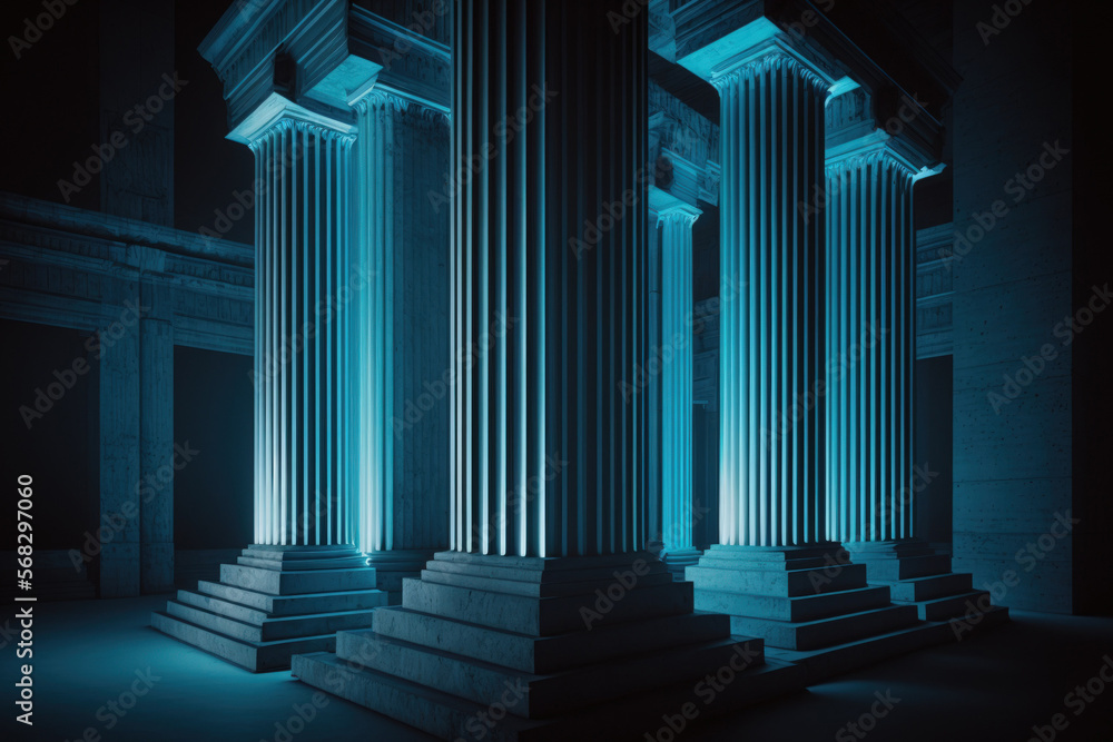 Classic Pantone Blue Beams Pillars in a Sci Fi Futuristic Dark Night ...