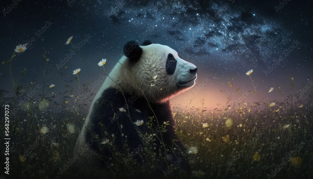 Panda looking in the sky, Night, Fireflies Generative AI Stock ...