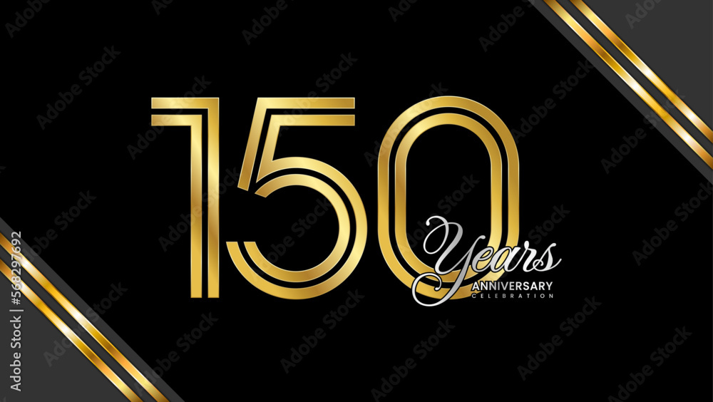 150th anniversary logo design with double line. Gold color numbers with ...