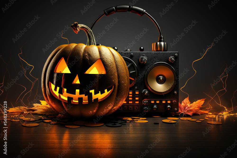 Halloween pumpkin on a DJ table with text space against a black ...