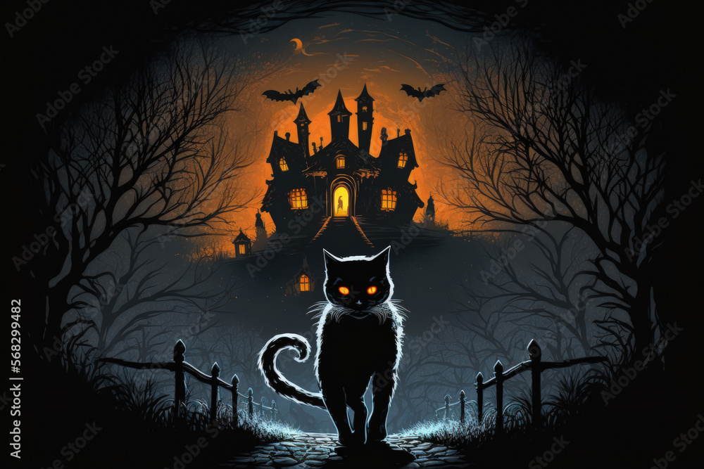 In the dead of night, a black cat with blazing eyes stalks a cemetery ...
