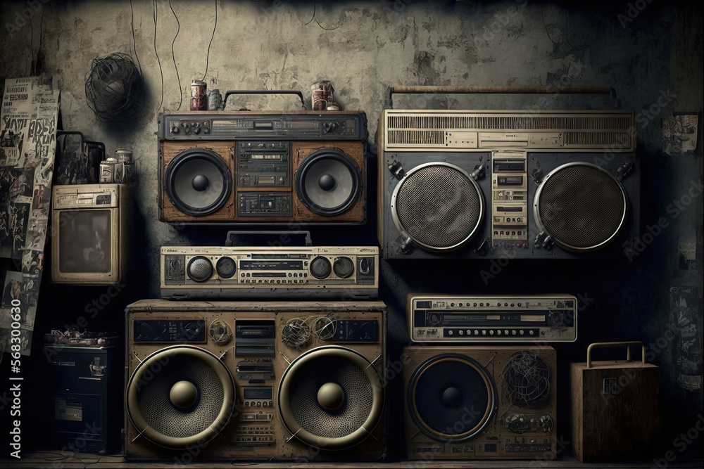 vintage radio boomboxes lining the wall from the 1980s. Generative AI ...