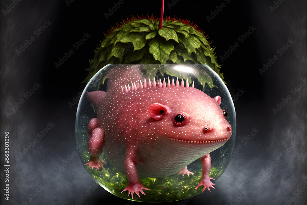 Strawberry Axolotl inside of a crystal buble Generative Ai Stock ...