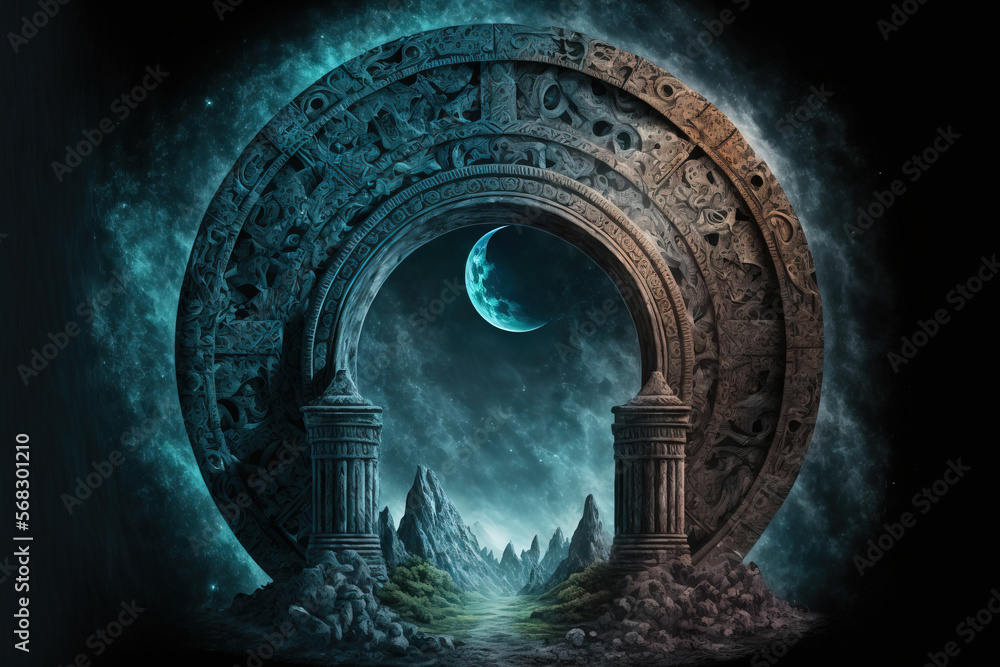 Illustration in raster form of an old arch and pillars. Ancient runes ...