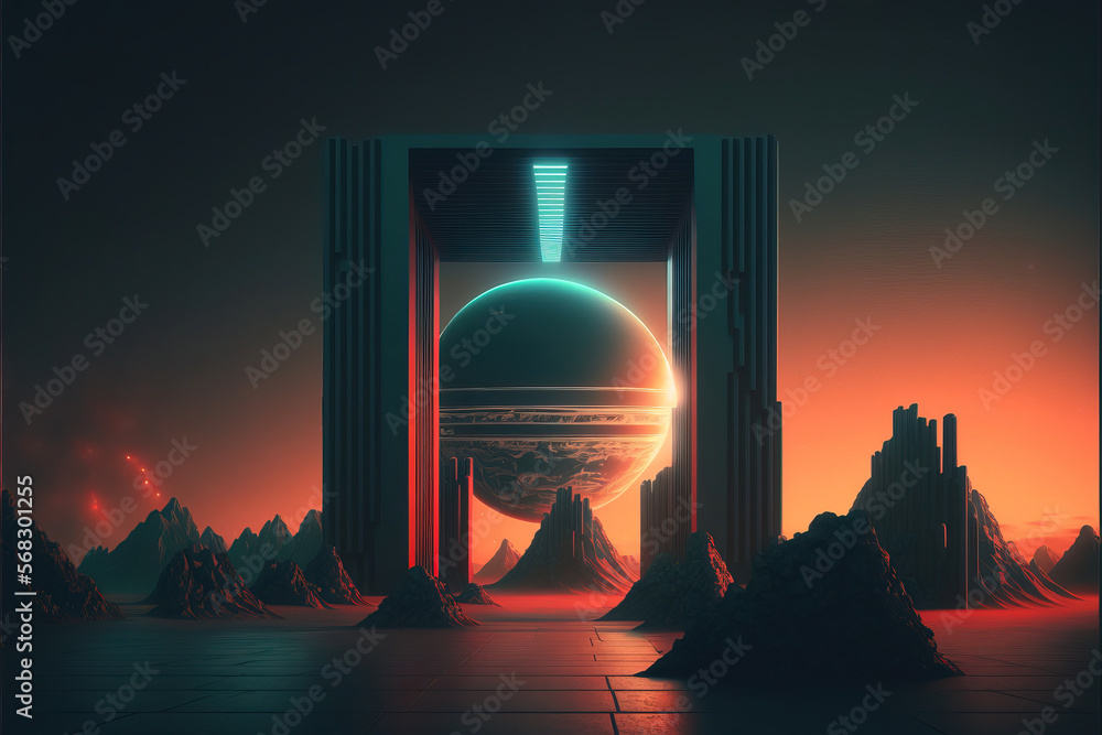 ภาพประกอบสต็อก sunset on the digital world landscape, futurism retro ...