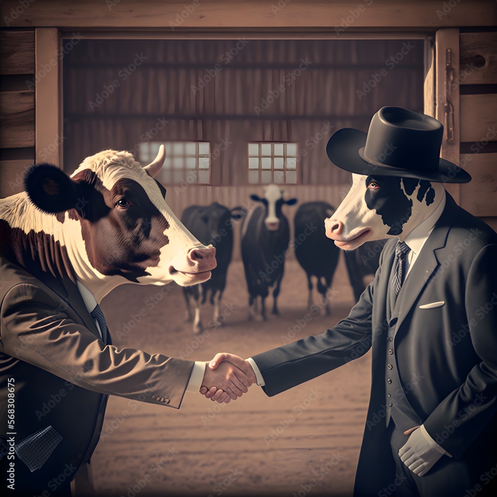 2 professional cows dressed in suits shaking hands They are shaking ...