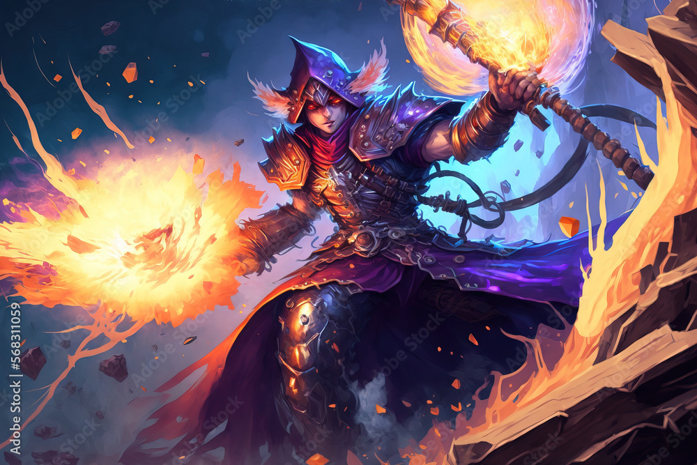 Mock up of a fantasy RPG MOBA video game with magic attacks by a role ...