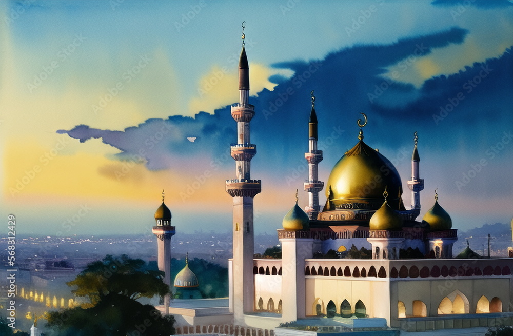 Islamic Masjid Mosque Watercolor painting banner for Ramadan Kareem and ...