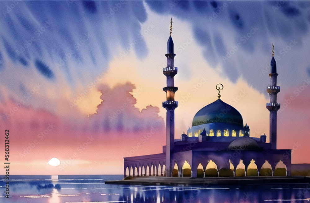 Islamic Masjid Mosque Watercolor painting banner for Ramadan Kareem and ...