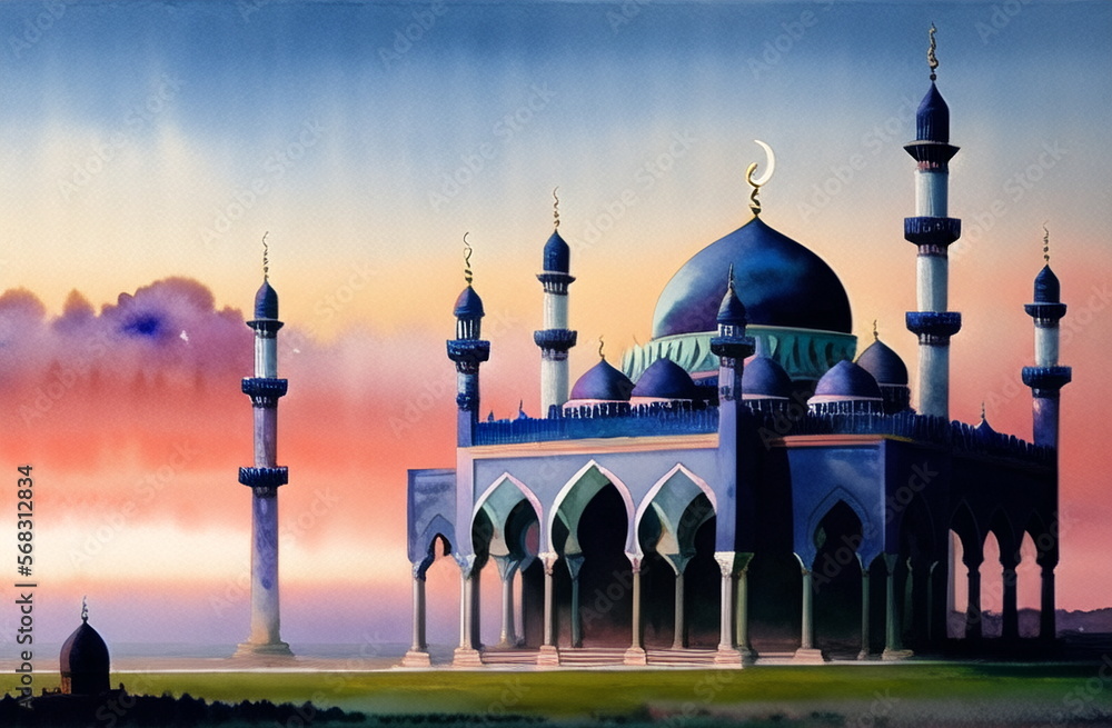 Islamic Masjid Mosque Watercolor painting banner for Ramadan Kareem and ...