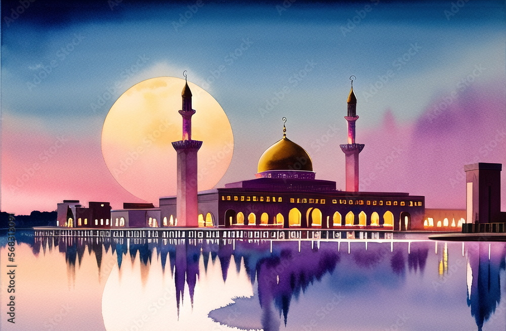 Islamic Masjid Mosque Watercolor painting banner for Ramadan Kareem and ...