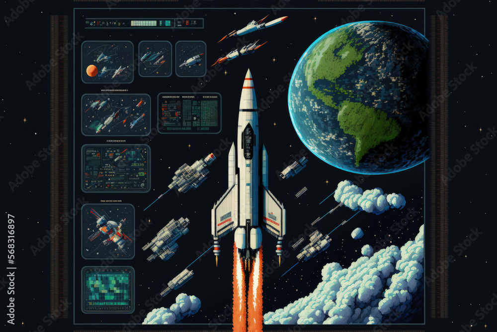 Space themed 8 bit pixel imagery for the game's menu and home screens ...