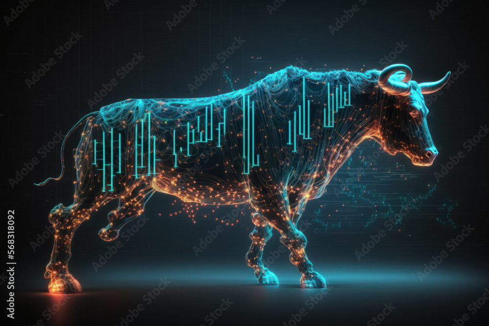 Bull market candlestick chart and bar graph with auto trading computer ...