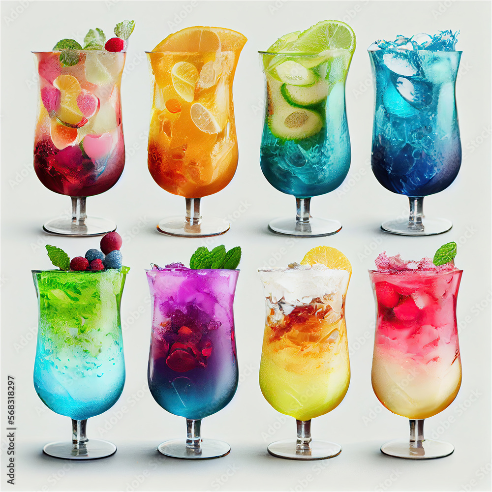 Collection of non-alcoholic drinks, colorful cocktails in glasses ...