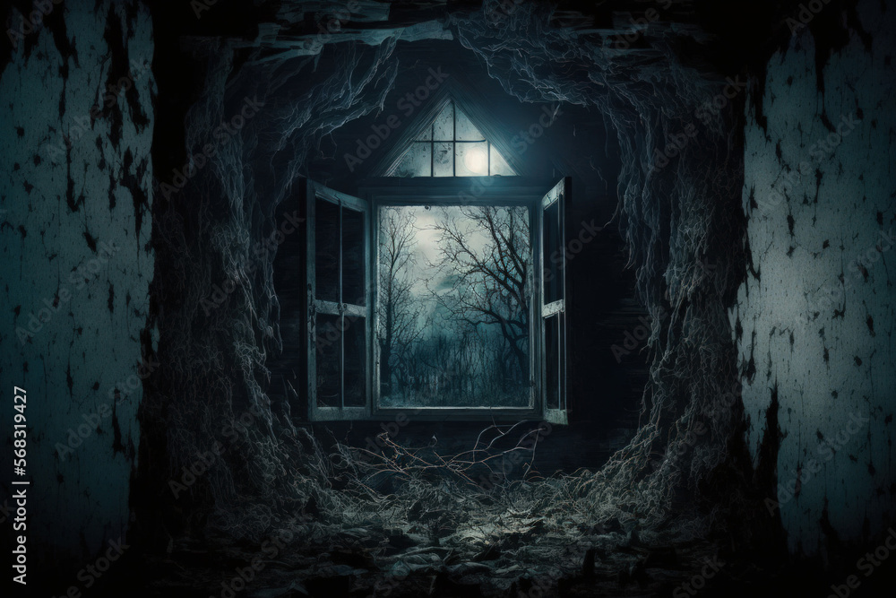 Halloween wallpaper with an abstract scary theme. An abandoned house in the woods has a gloomy ...