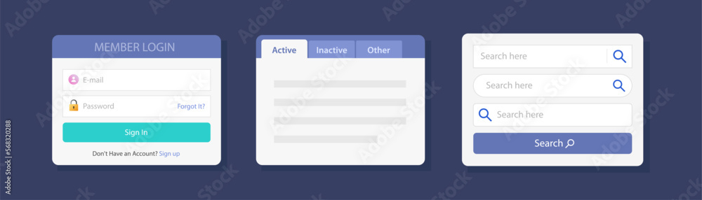 Login, search box bar menu vector, tabs navigation ui ux web site ... Login, search box bar menu vector, tabs navigation ui ux web site ...