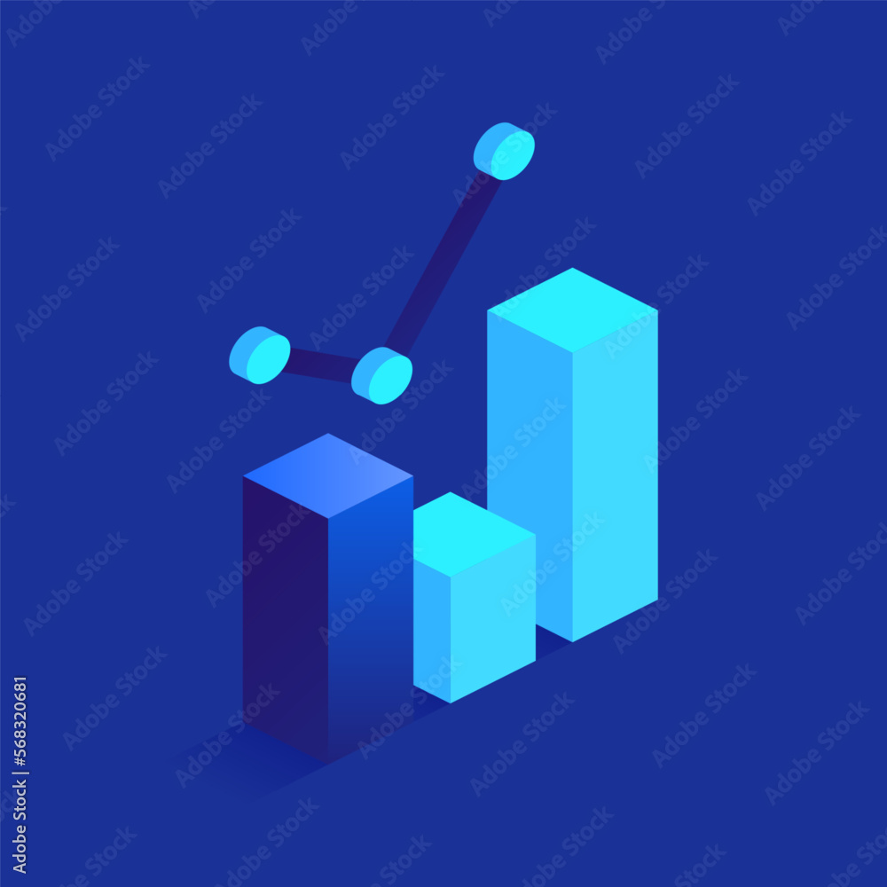Blue bar graph with line chart icon in isometric view. Analysis ...