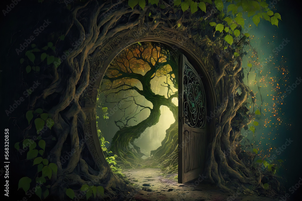 A magical doorway with a tree branch arch in a lush, shady woodland ...