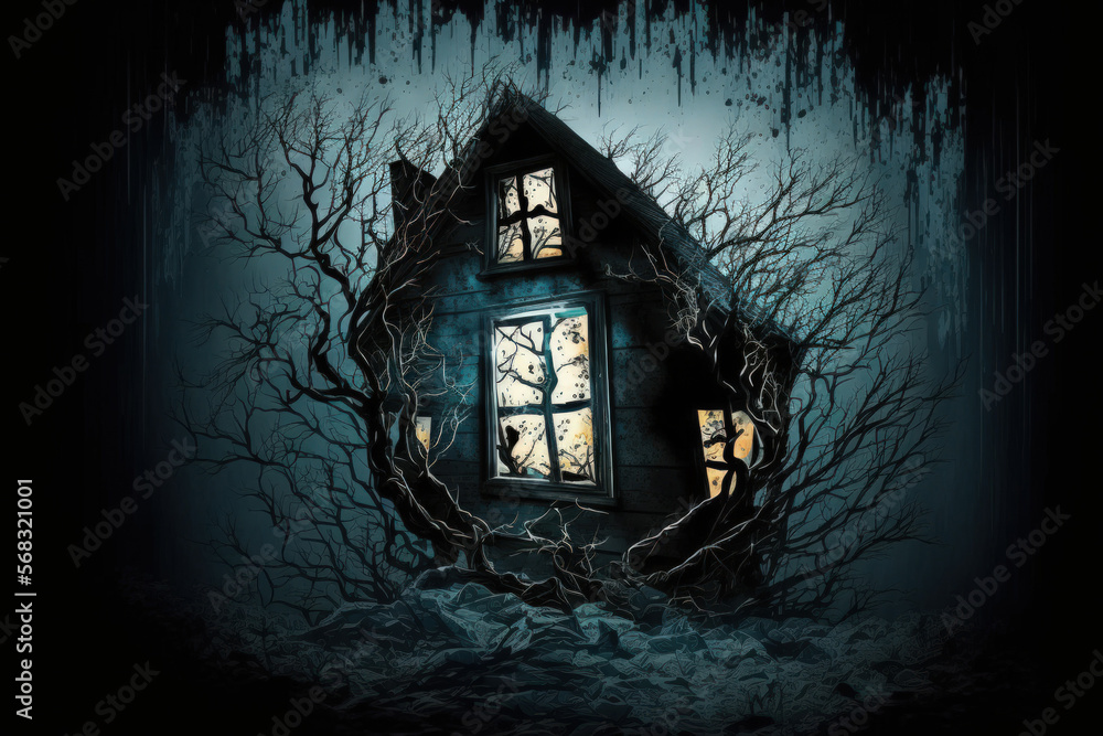 Halloween wallpaper with an abstract scary theme. An abandoned house in the woods has a gloomy ...