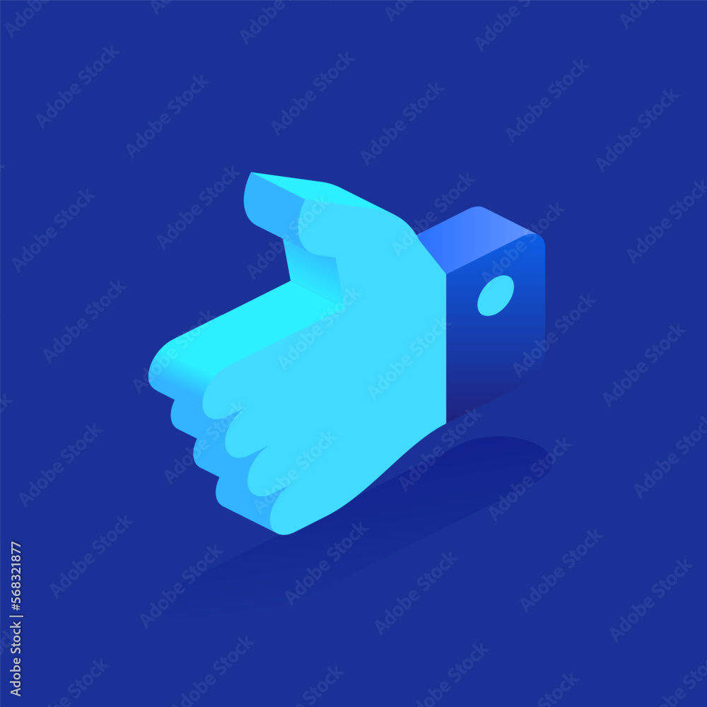 Blue thumb up hand icon in isometric view. Online communication, like ...