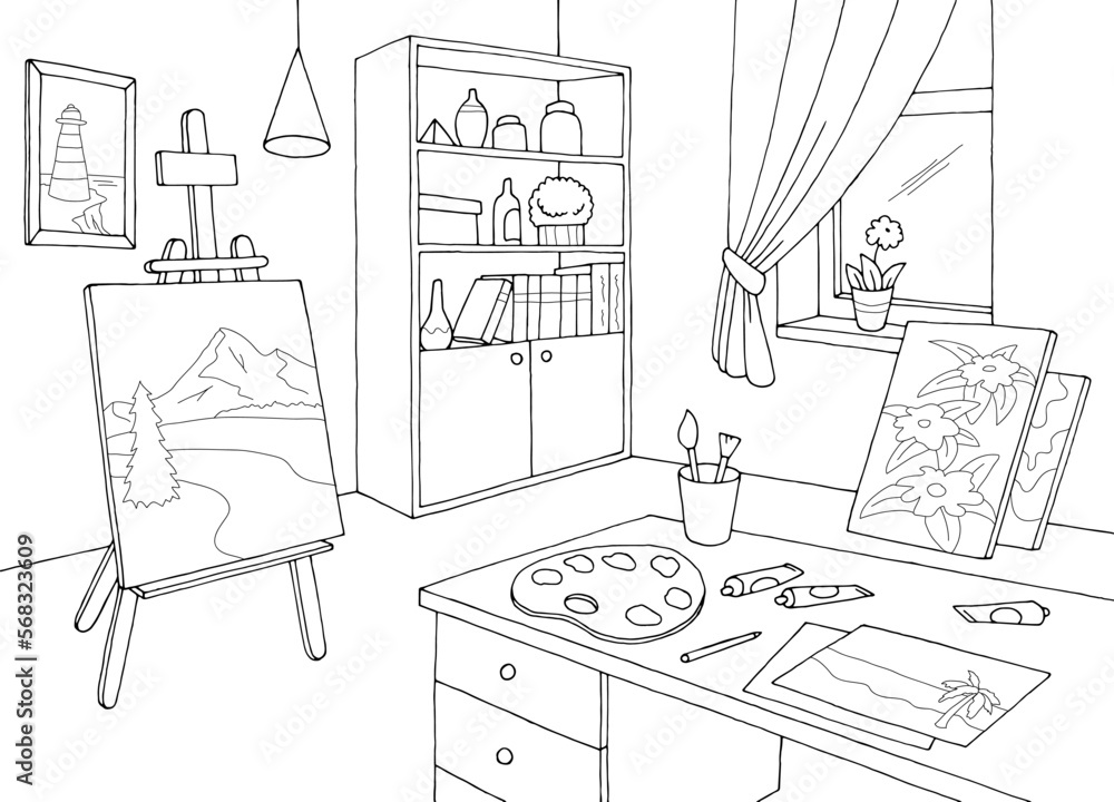 Art workshop graphic black white interior sketch illustration vector ...