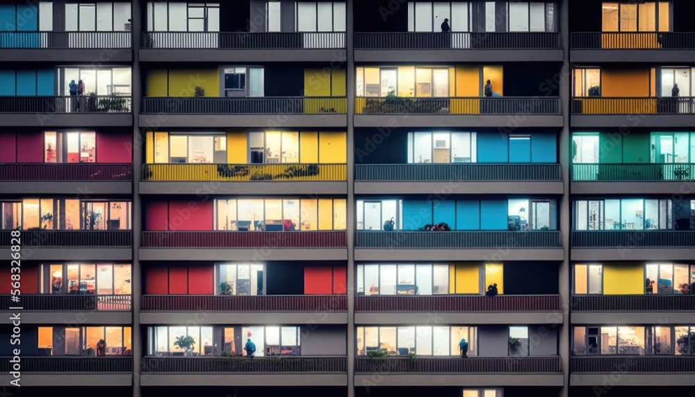 The facade of a modern office or apartment building features windows ...