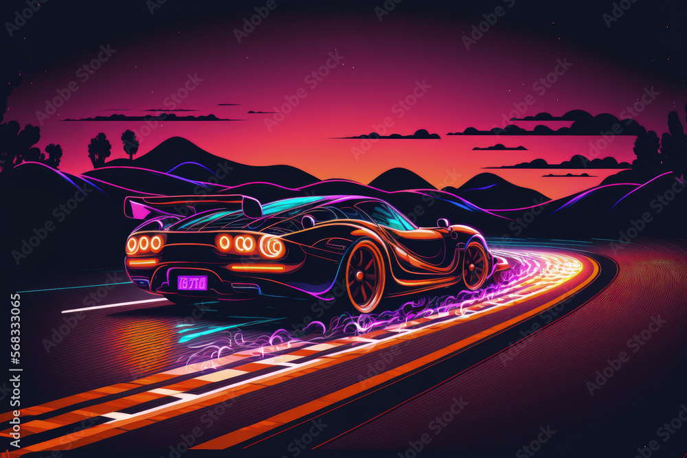 Sports car traveling fast on a neon highway. Supercar's quick ...