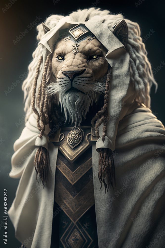 White Lion with dreadlocks wearing a kintsugi armor and kintsugi cape ...