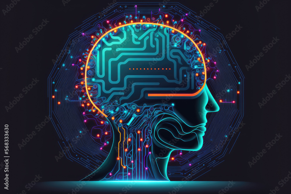 Robot head and digital brain hologram on futuristic HTML background. AI ...