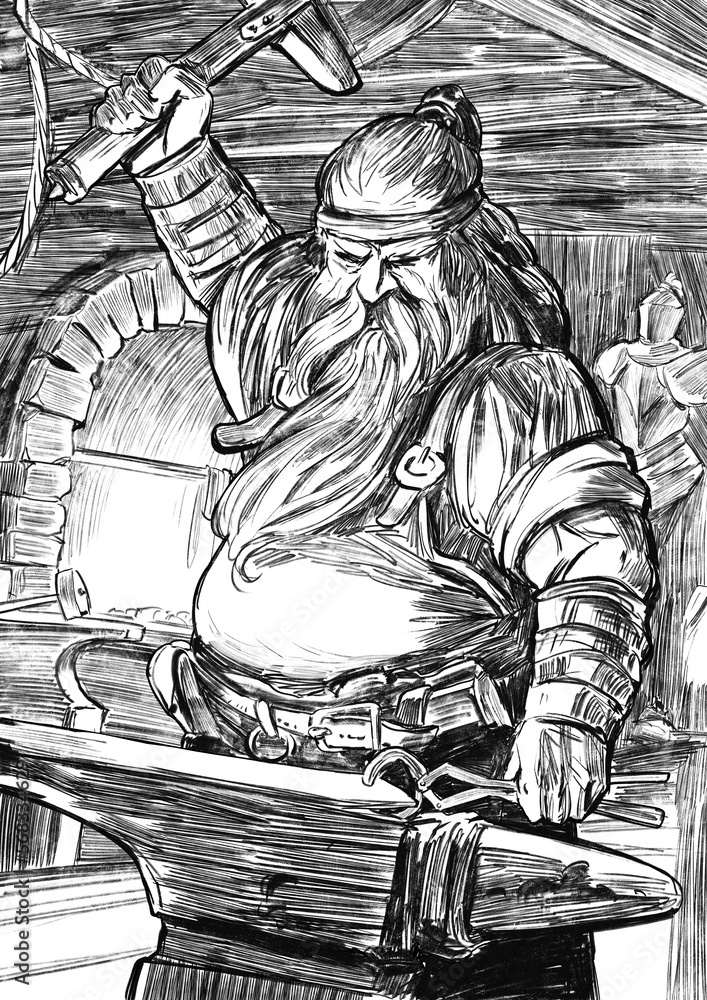 A brutal dwarf blacksmith forges a sword with a hammer, swinging for ...